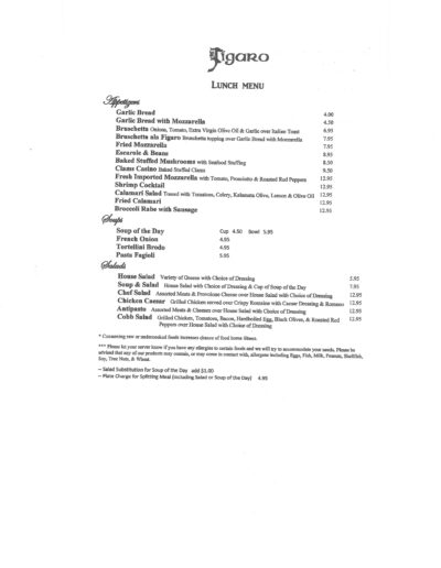 Menus | Figaro's Italian Restaurant